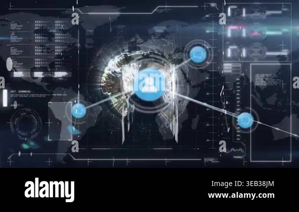 Animation of connections over digital screen with data and globe ...