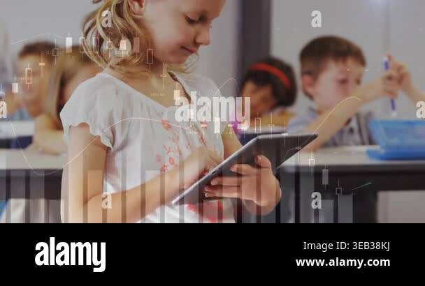 Girl student tapping tablet and showing classroom data with overlaid ...