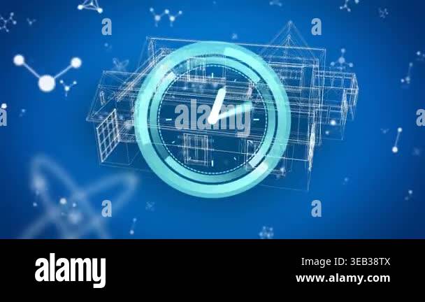 Animation of clock and molecules over house project. digital processing ...