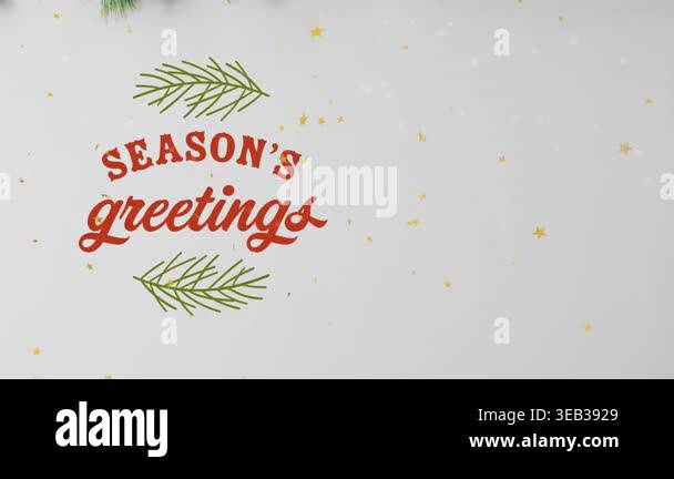 Animation of season's greetings text over fir tree on white backrgound ...