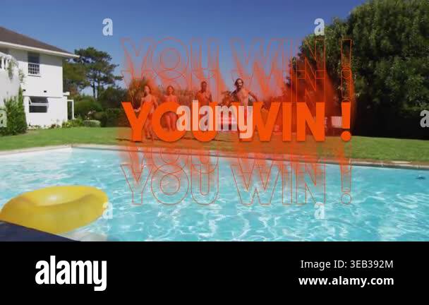 People jumping into pool with YOU WIN! text animation over scene ...