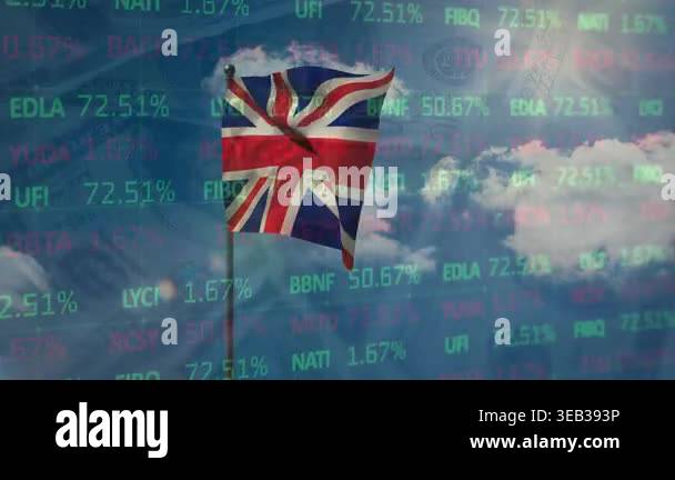 Animation of stock market data processing over waving uk flag against ...