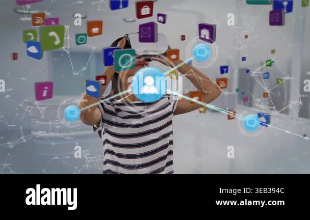 Animation of networks of connections with icons over running on sky ...