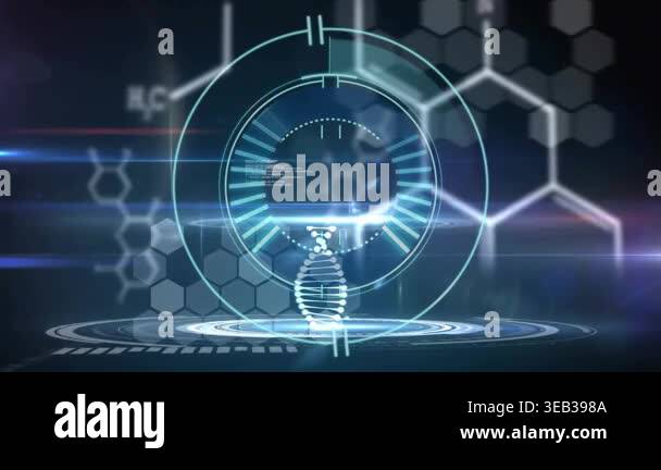 Holographic DNA helix spinning in virtual lab interface, displaying ...