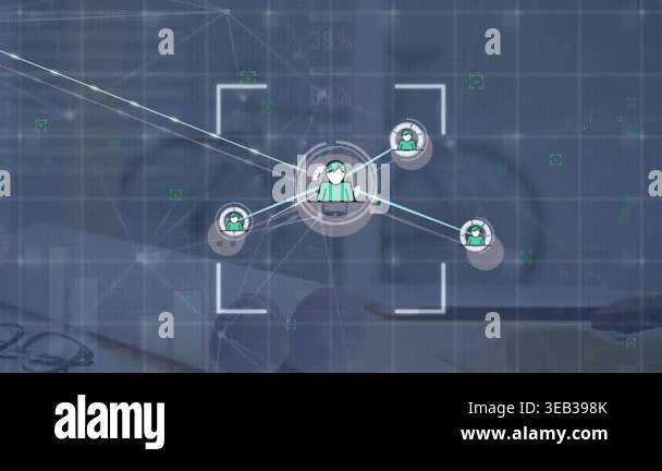 Animation of network of connections with icons over computer servers ...