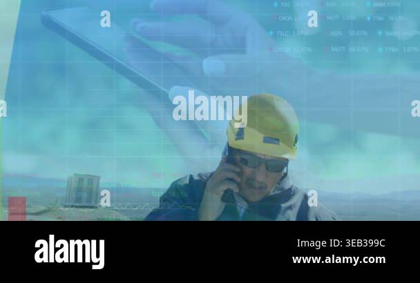 Animation of data processing over hands using tablet. Global business ...