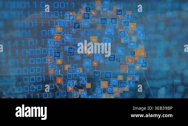 Animation of binary code over globe made of icons. Internet, network ...