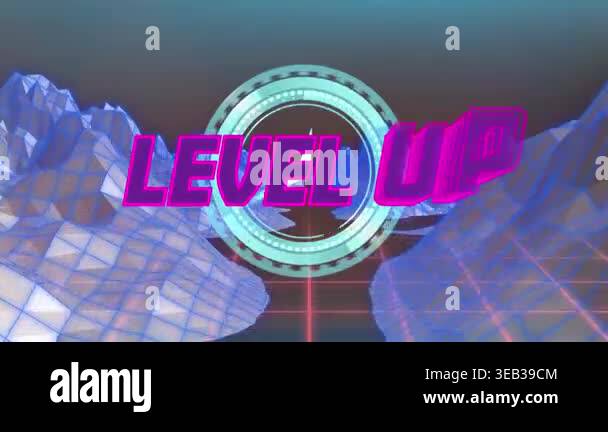 Animation of level up text over mountains. Social media and digital ...