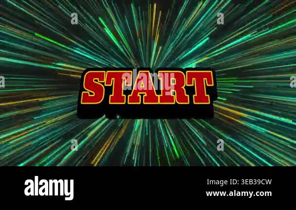 Animation of start text over neon light trails. Video game and digital ...