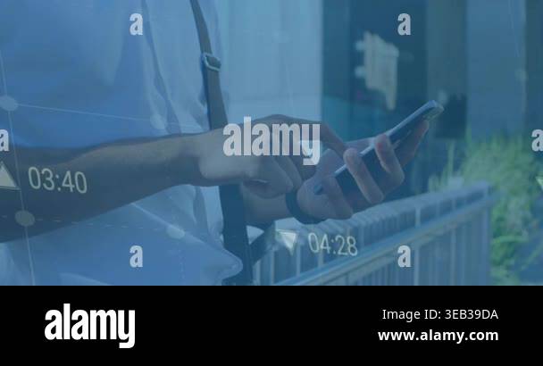 Animation of data processing against mid section of a man using a ...