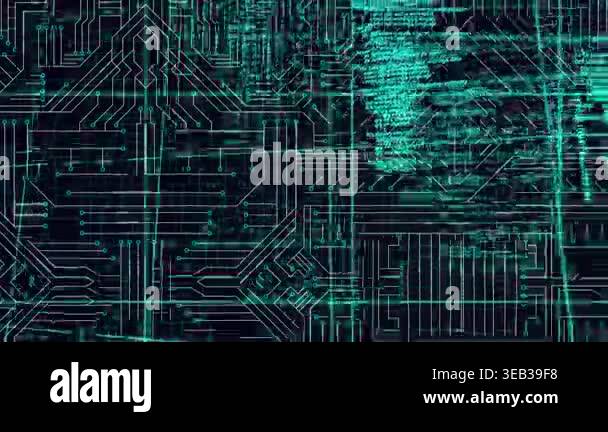 Animation of computer circuit board over data processing on black ...