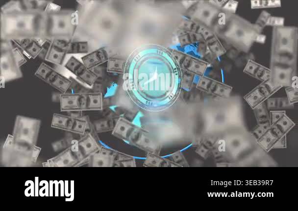 Animation of moving clock over dollar bills and globe on black ...