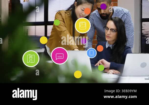 Animation of multiple digital icons floating over diverse office ...