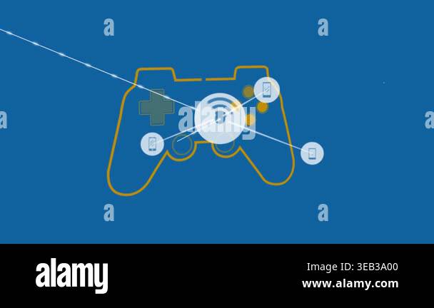 Animation of network of digital icons over video game controller icon ...