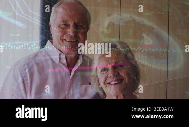 Animation of diverse data over caucasian senior couple smiling at ...