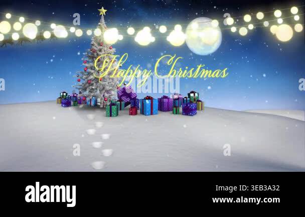 Animation of happy christmas text and decorations over winter scenery ...