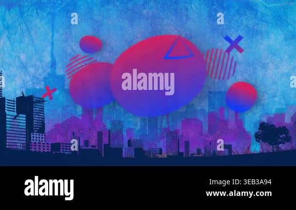Animation of sale text over gradient banner over cityscape against blue ...