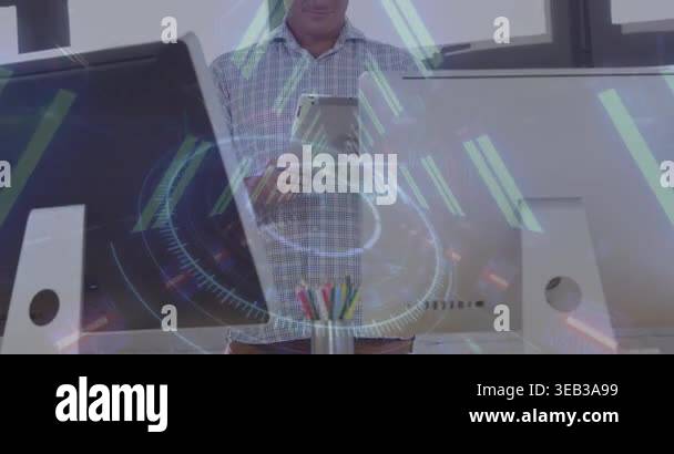 Animation of round scanner and neon tunnel against caucasian man using ...