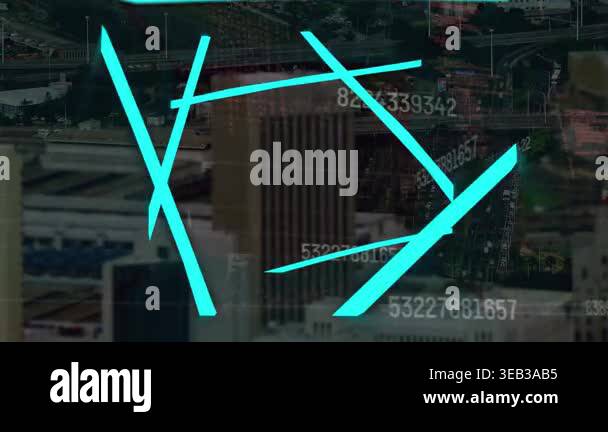 Animation of neon lights and qr code over modern buildings. Economy ...