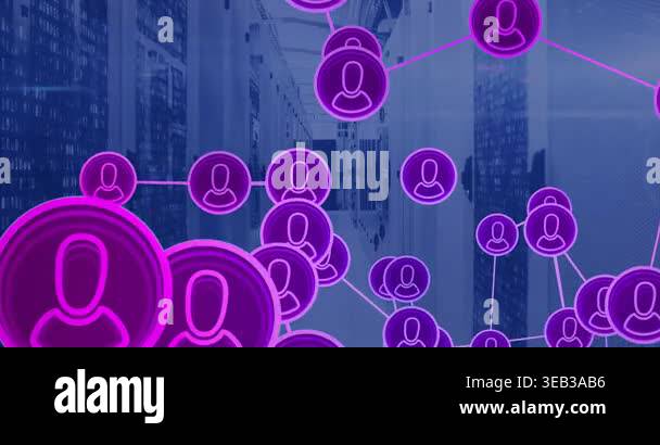 Animation of network with people icons and data processing over ...