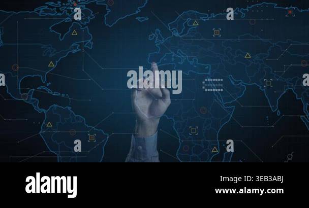 Animation of padlock, cloud and data processing and world map. Global ...