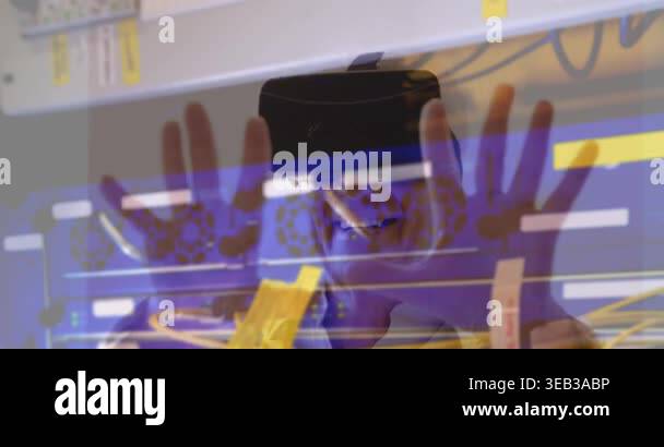 Animation of women using vr headset over server room. global ...