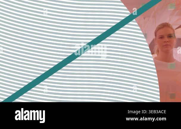 Animation of striped shape over caucasian woman. Colour, shape ...