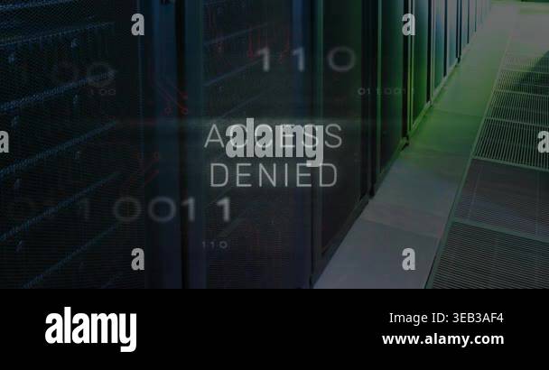 Animation of access denied text over data processing and computer ...