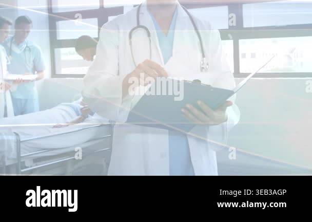 Animation of network of connections over caucasian female doctor with ...