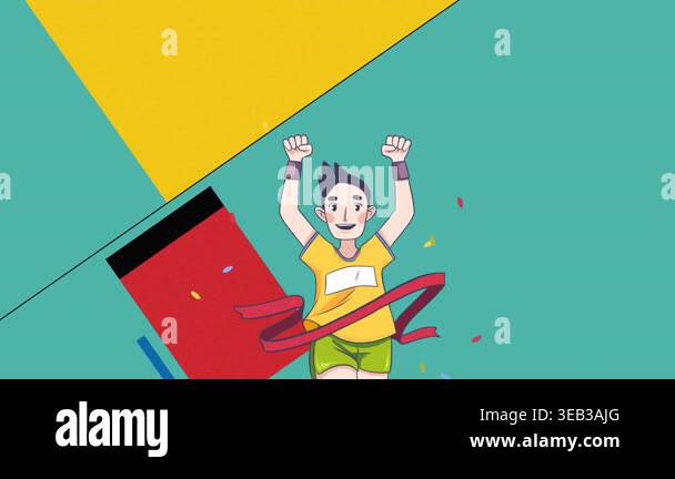 Animation of female runner cheering over vibrant pattern background ...