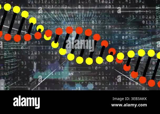 Animation of dna strand spinning over digital data processing. Global ...