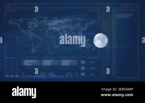 Animation of globe data processing on navy background. global ...
