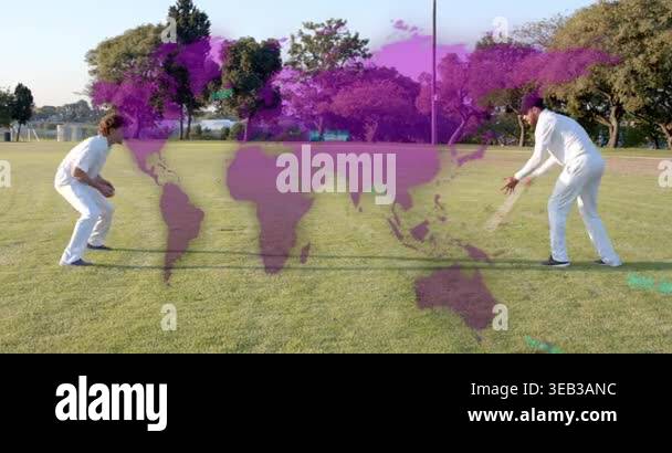 Batter tapping ball, fielder catching for cricket practice, purple map ...