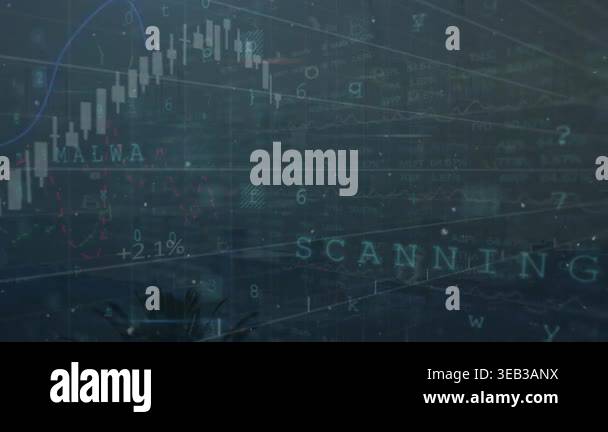 Animation of light, data, graphs, scanning and digital padlock on navy ...