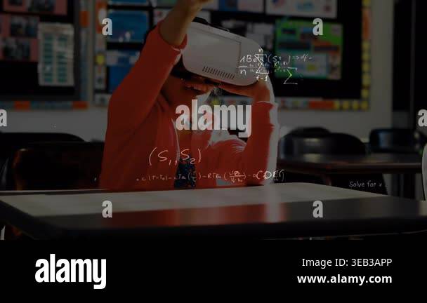 Animation of mathematical equations over schoolgirl using vr headset ...