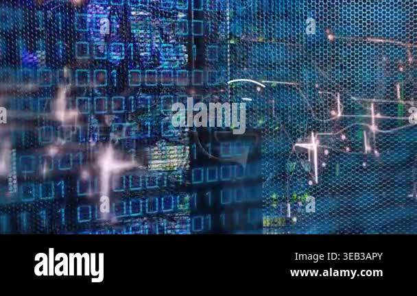 Animation of euro symbol, lines and binary codes over illuminated data ...