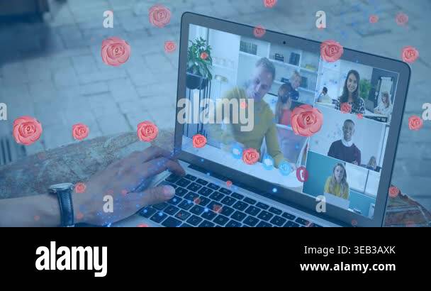 Animation of bitcoin icons over businesswoman using laptop. Global ...