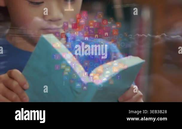 Animation of icons forming globe, qr code and binary code over asian ...
