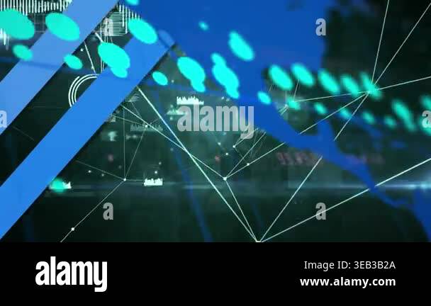 Animation of network of connections over digital city. Video game ...
