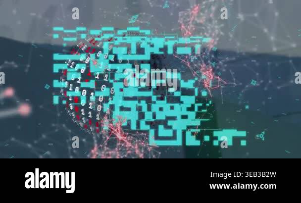 Animation of qr code over globe. Global business and digital interface ...