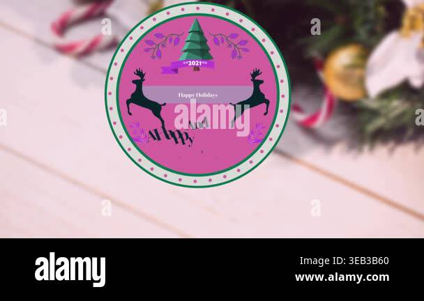 Animation of happy christmas text over decorations. Christmas ...