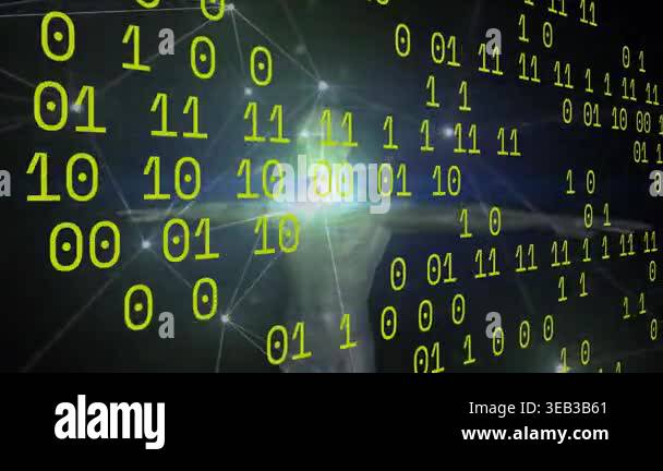 Animation of connections and binary code over human model on black ...