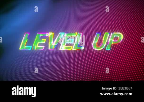 Animation of level up neon text moving on pink to purple background ...