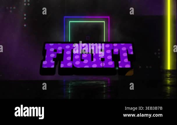 Animation of fight text over neon shapes on black background. Global ...