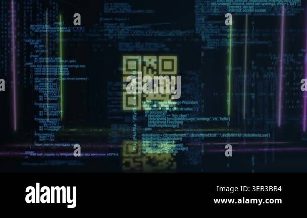 Animation of data processing over qr code. Global business and digital ...