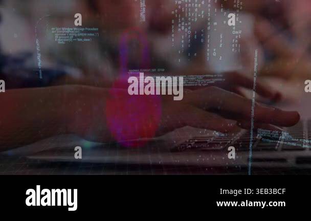 Animation of data processing and padlock over hands using laptop ...