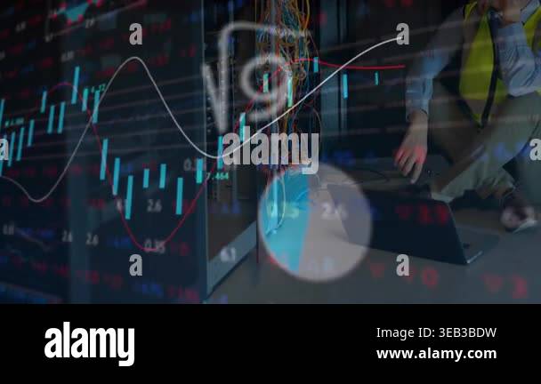 Animation of data processing and mathematical equations over asian male ...