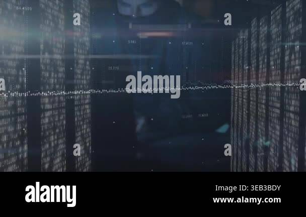 Animation of data processing and male hacker over computer servers ...