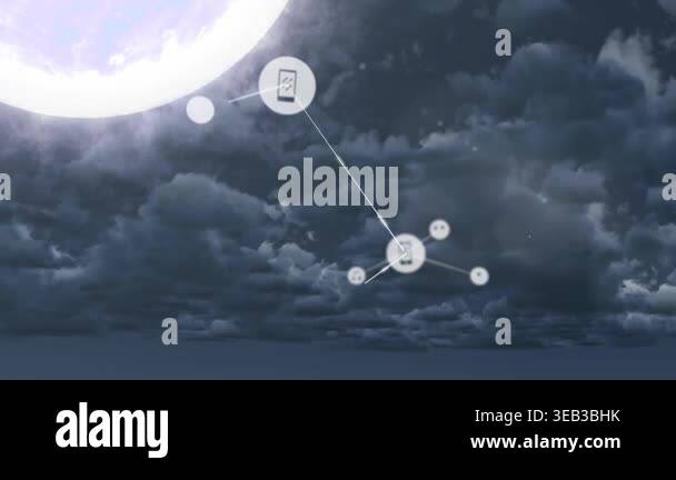 Animation of network of connections with icons over glowing sun and ...