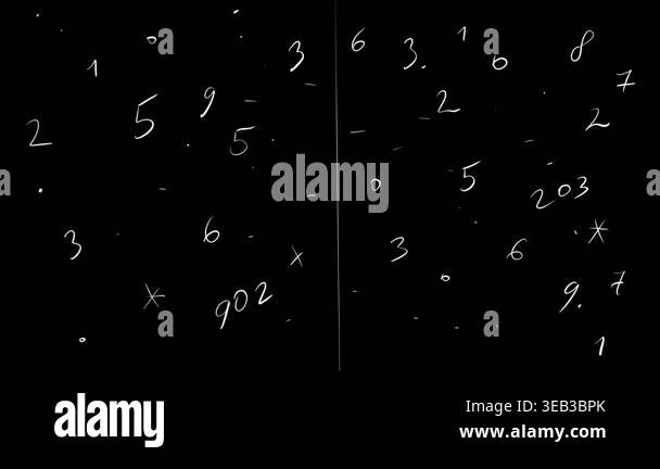 Doodle animation with sketch numbers on black screen. Old notes and ...